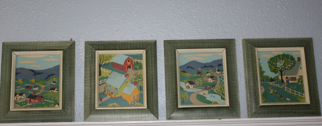 Set of 4 Framed Art Pieces Folk Art Farm Scenes Country Town Community ...