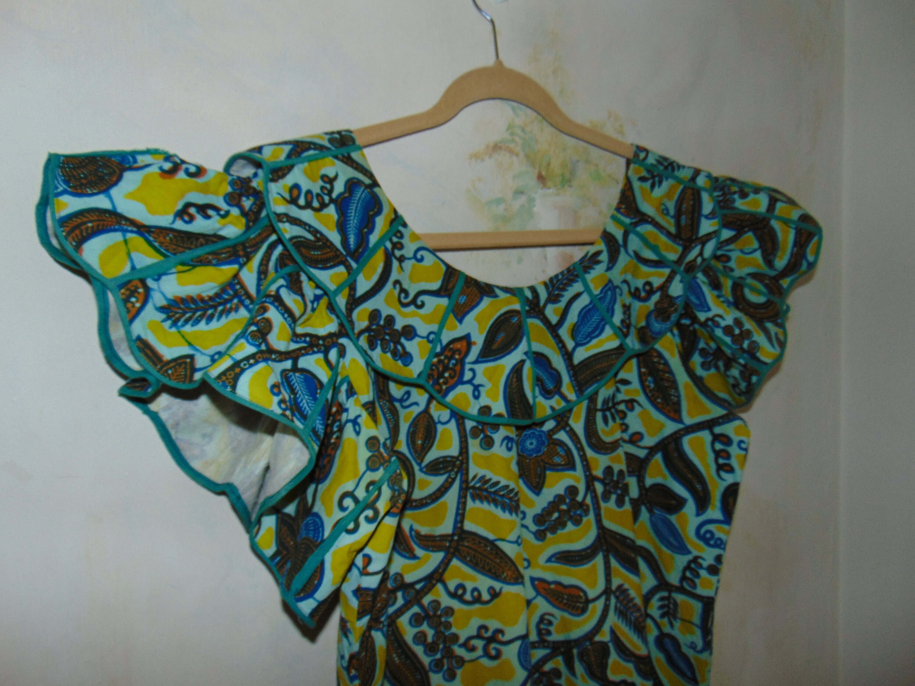 African Wax Floral Print Ruffled Neckline Royal Blue Yellow Brown ...