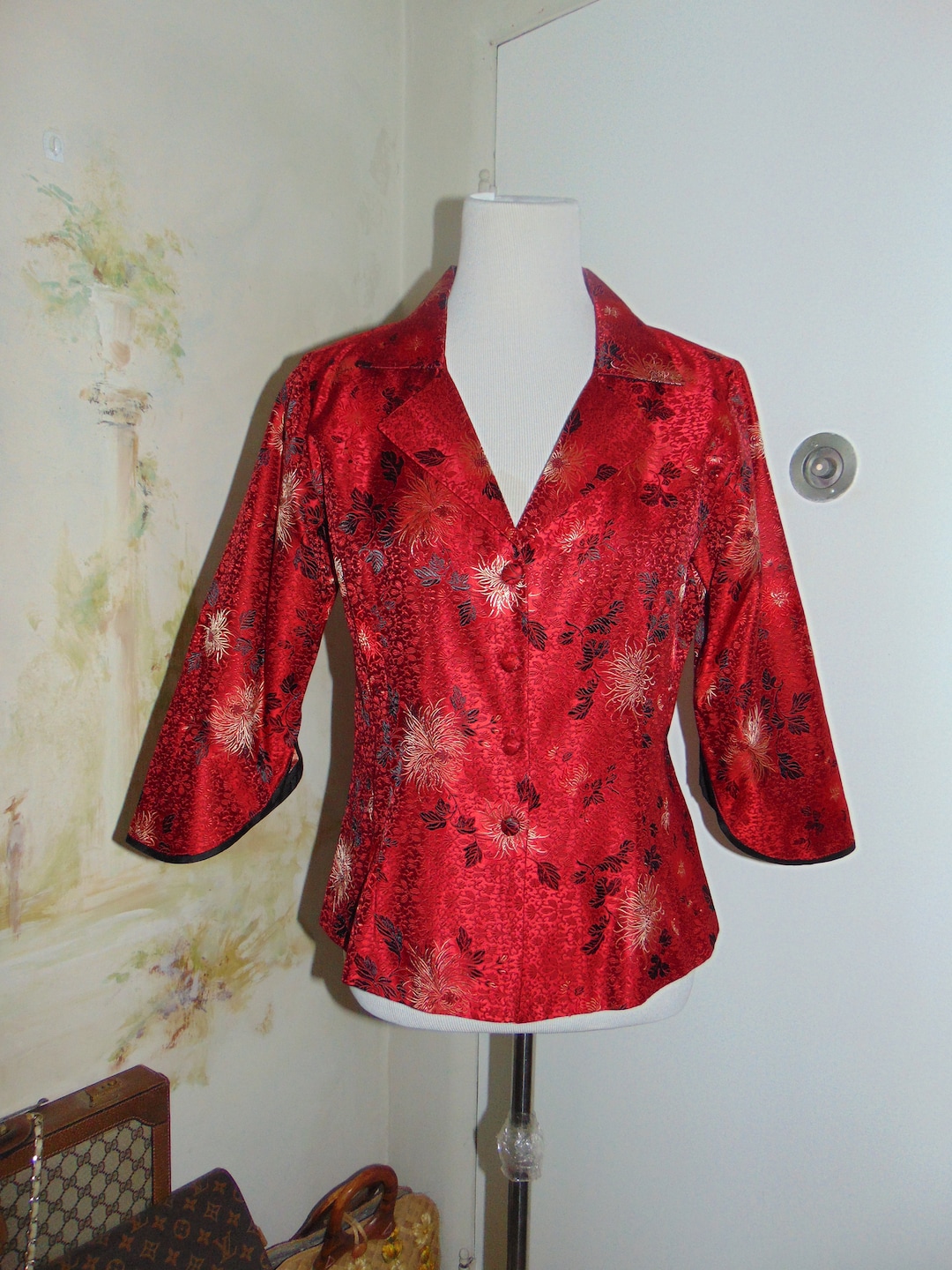 Gigi Clark Jacket Blazer Red Gold Womens Sz 3 Floral USA Asian Ornate ...