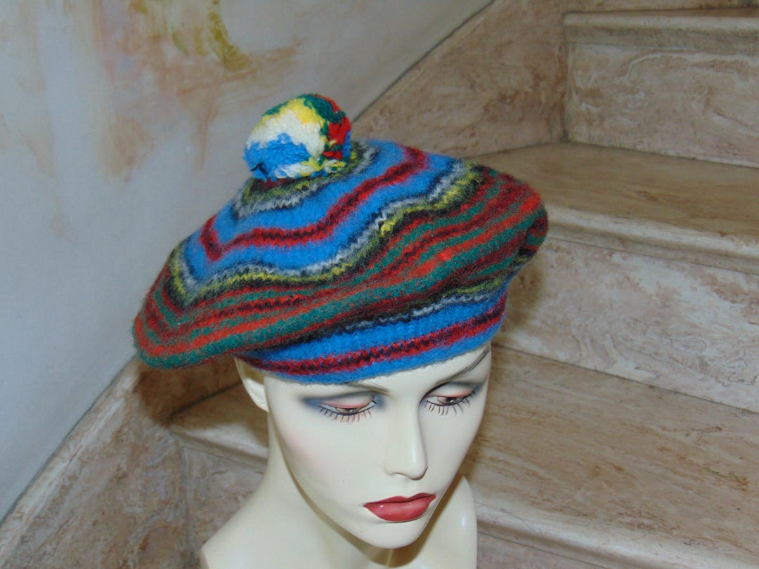 L.L. Bean Striped Wool Beret Scottish Tam Hat Scotland Vintage Pom Pom ...