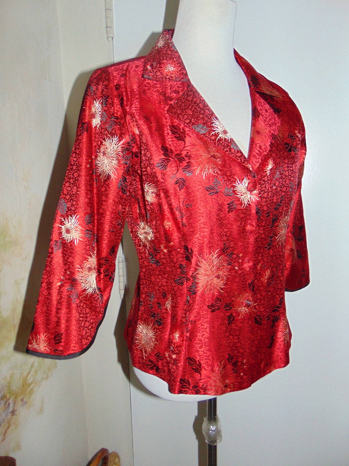 Gigi Clark Jacket Blazer Red Gold Womens Sz 3 Floral USA Asian Ornate ...