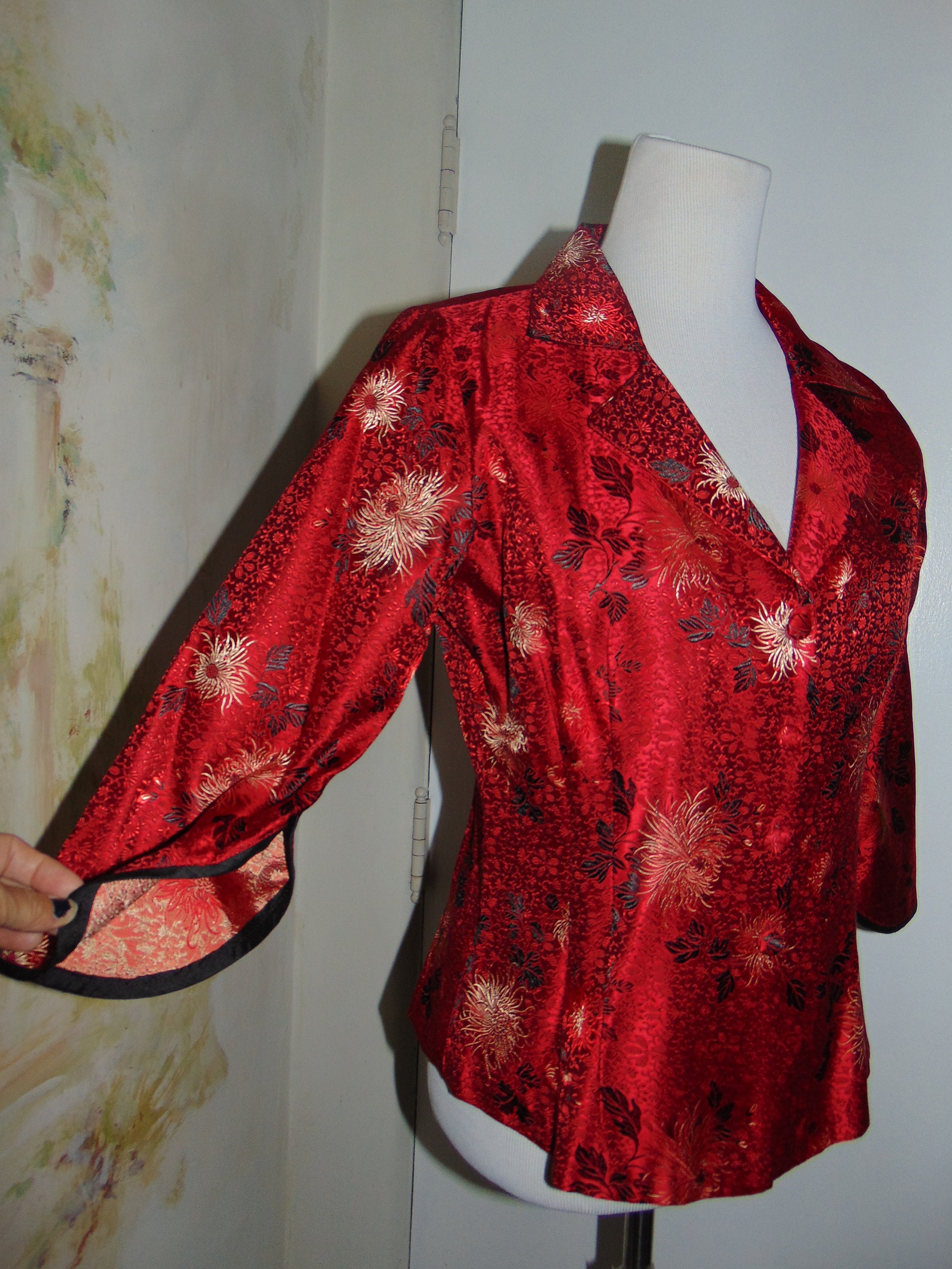 Gigi Clark Jacket Blazer Red Gold Womens Sz 3 Floral USA Asian - Etsy