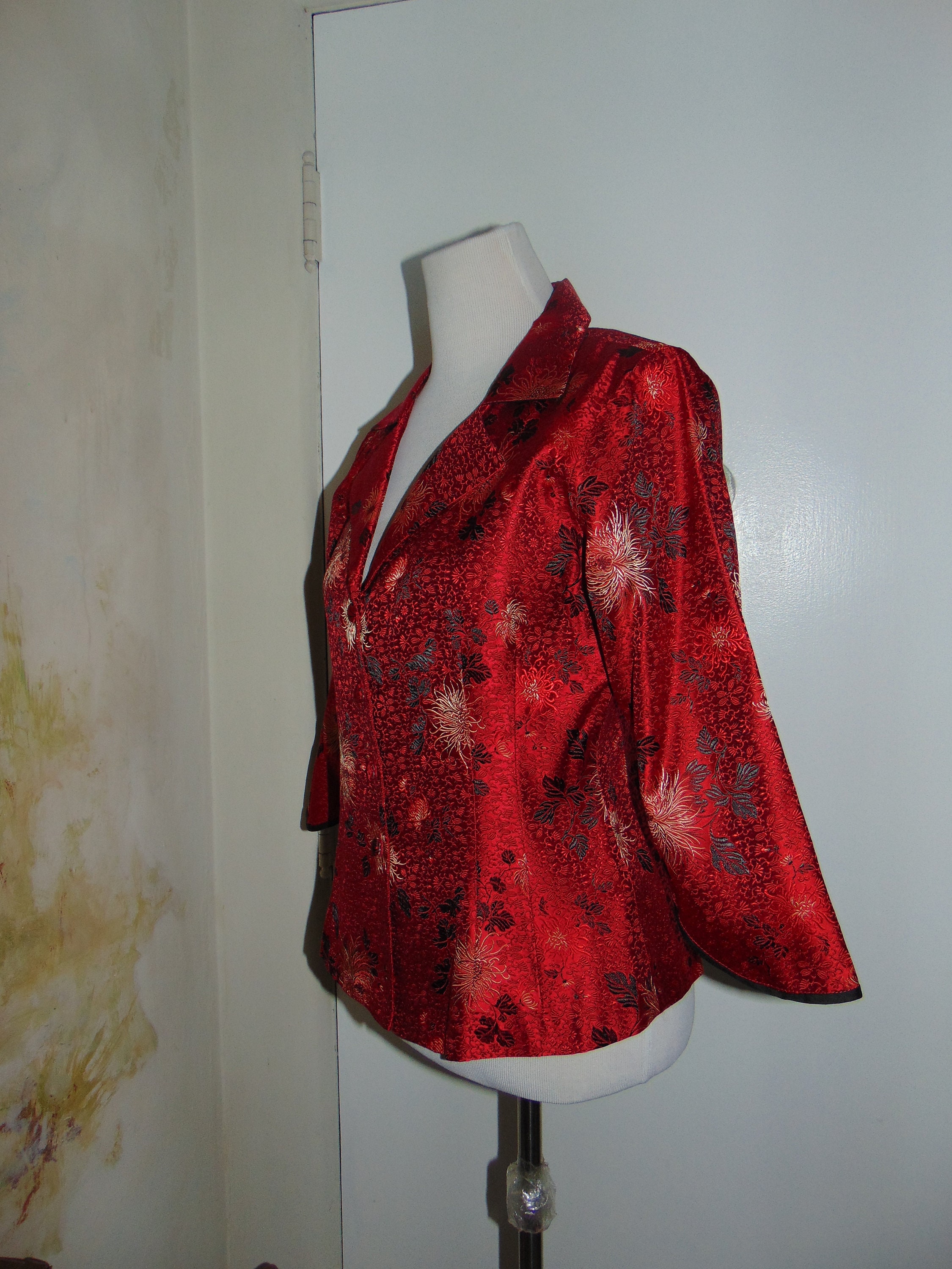 Gigi Clark Jacket Blazer Red Gold Womens Sz 3 Floral USA Asian - Etsy