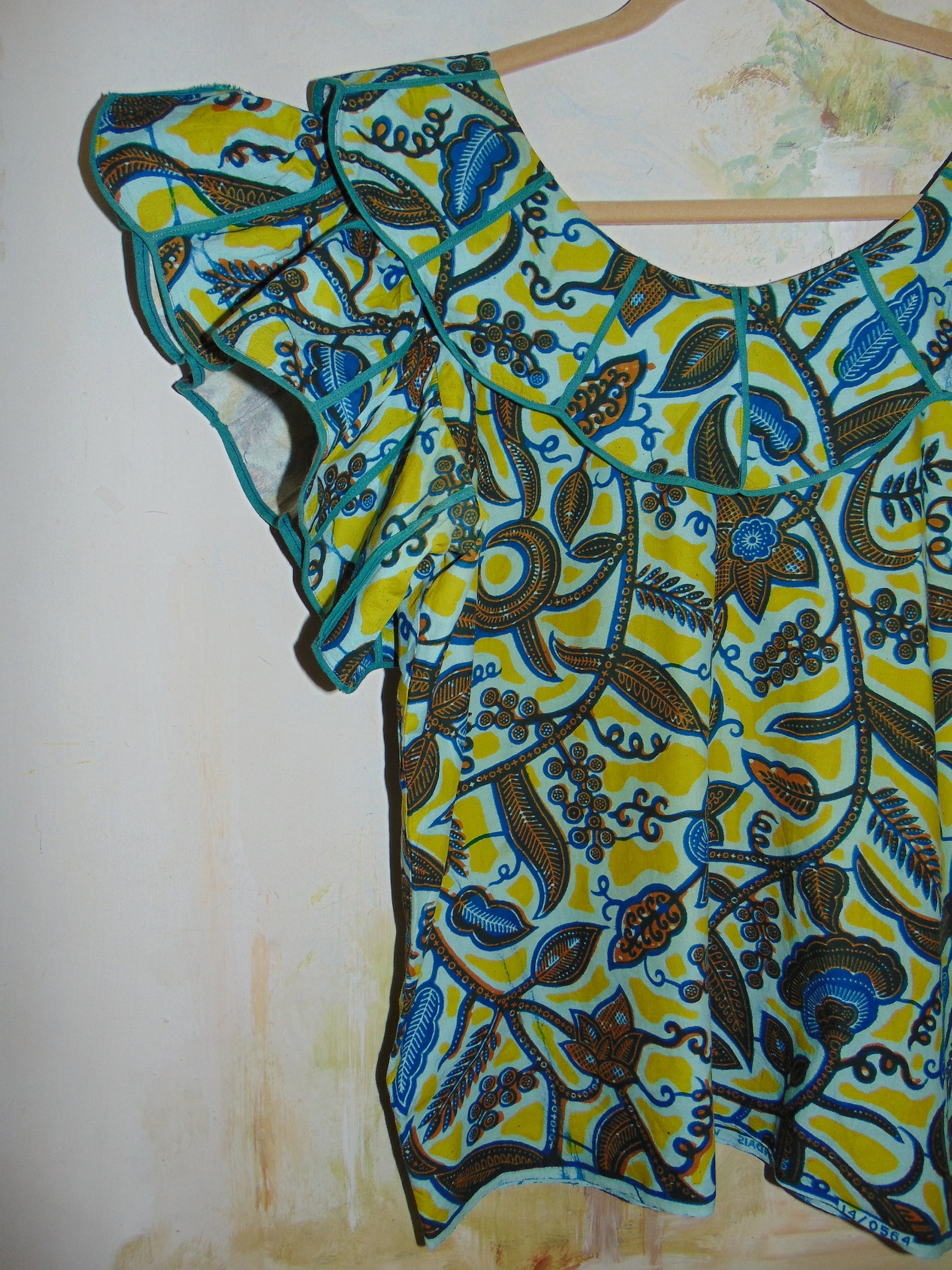 African Wax Floral Print Ruffled Neckline Royal Blue Yellow Brown ...