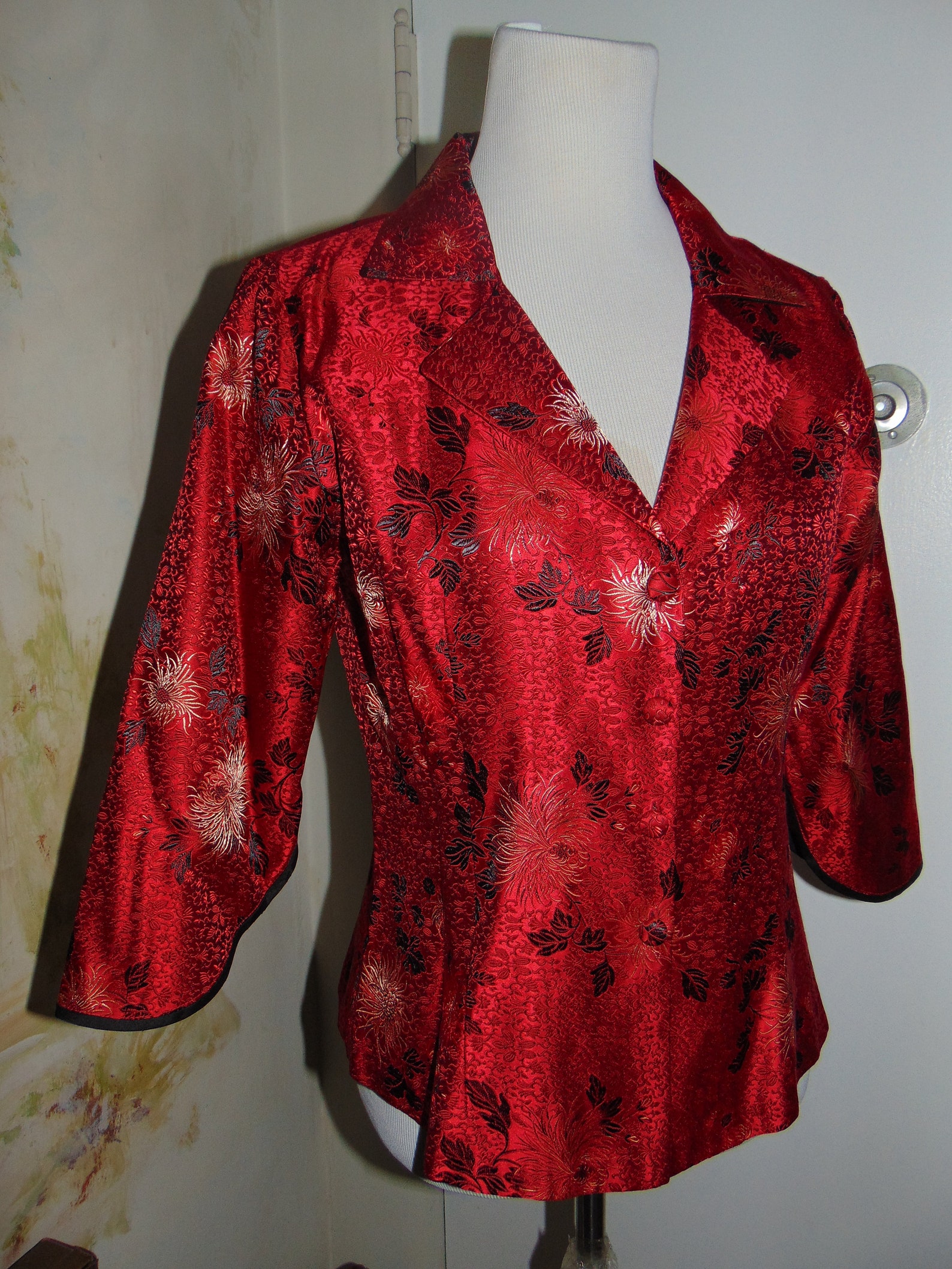 Gigi Clark Jacket Blazer Red Gold Womens Sz 3 Floral USA Asian Ornate ...