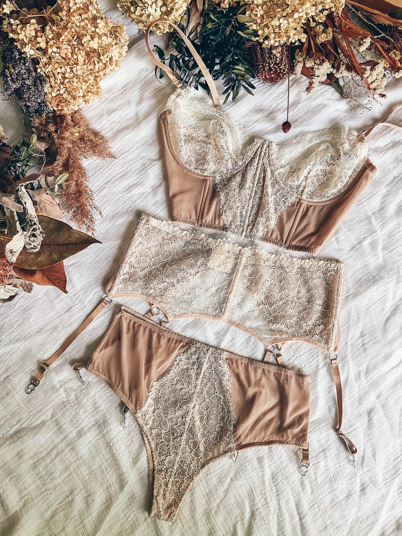 Hillary 3 Piece Lingerie Set Nude Bustier And Panties Etsy