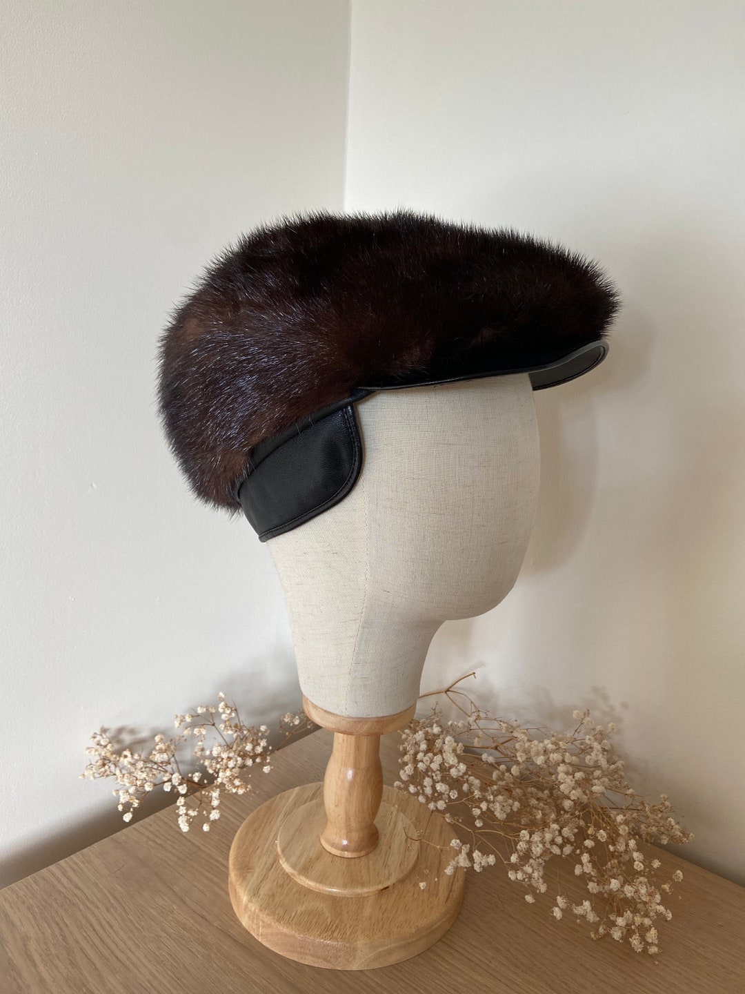 MINK FUR Dark Brown Hat With Leather Cap / Real Fur Hat Leather Winter ...