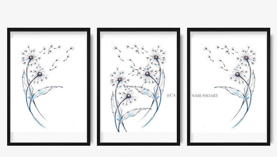 Dandelions Set of 3 Prints, Watercolor, Botanical Art, Blue Dandelions ...