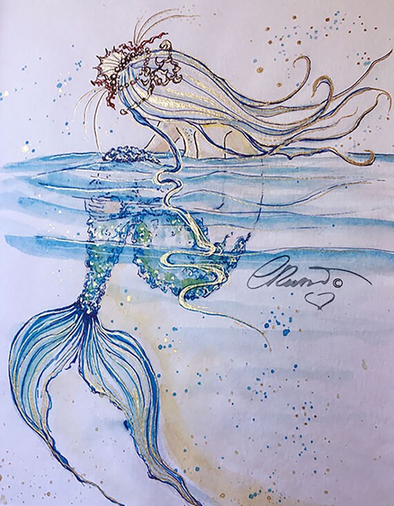 Watercolor Mermaid Gold Hand Enhanced Print One of A Kind | Etsy
