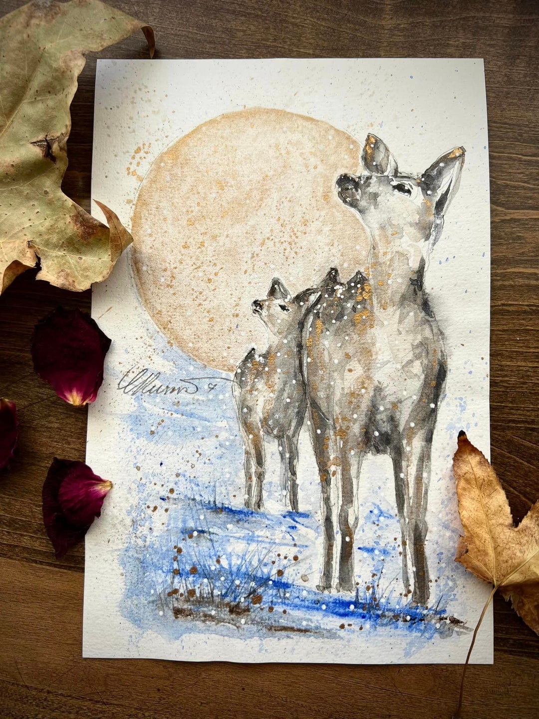 Deer, Winter Solstice, Snowy Landscape, Mom and Baby Deer, Limited ...