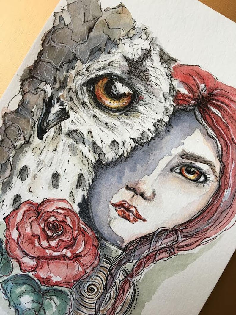 Owl Owl Spirit Animal Strong and Free Watercolor Ink - Etsy