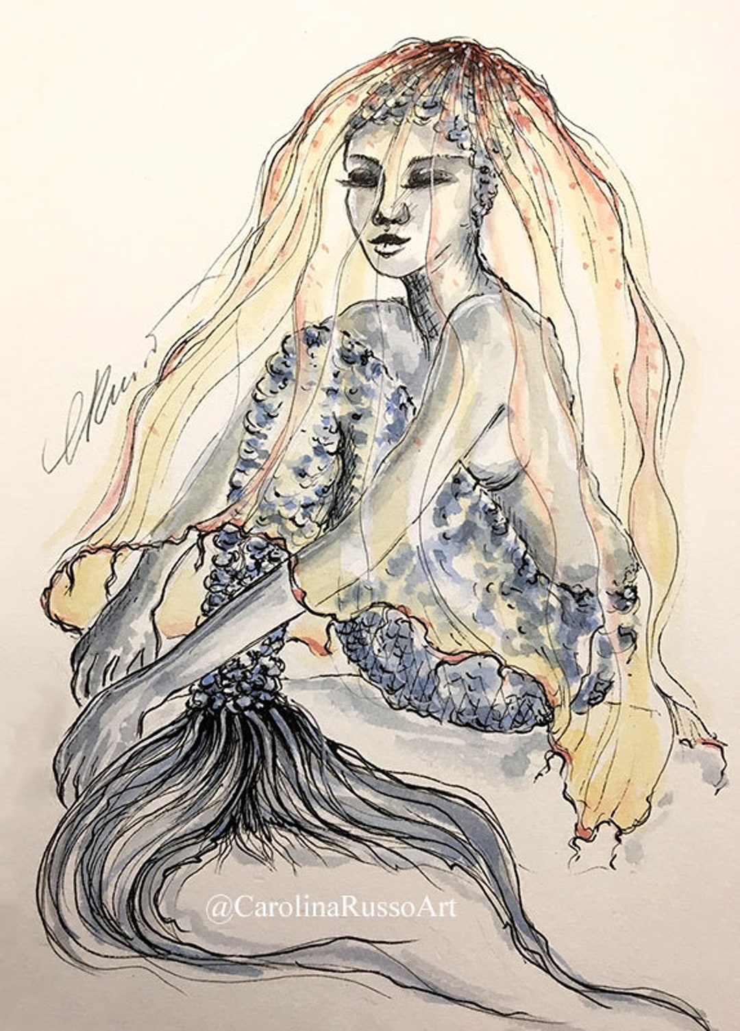 Mermaid, Veiled Mermaid, Ink Drawing, Open Edition Signed Prints, Hand ...