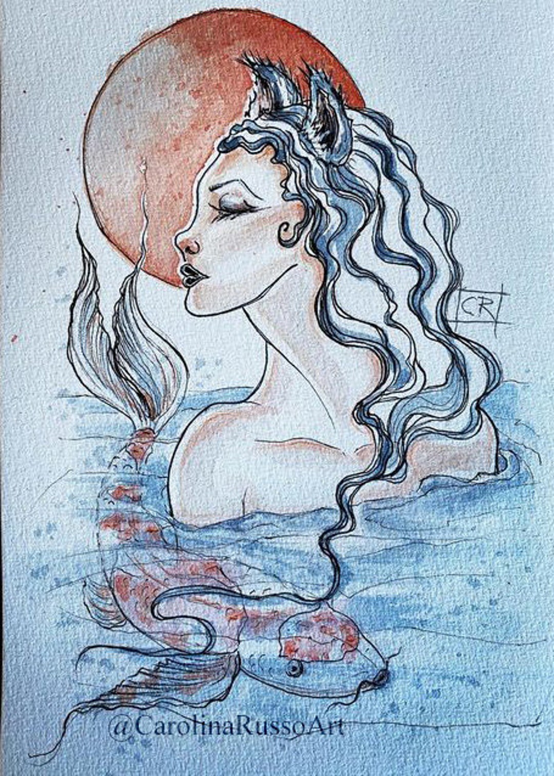 Mermaid. Werewolf, Koi, Ink Drawing, Open Edition Signed Prints, Hand ...