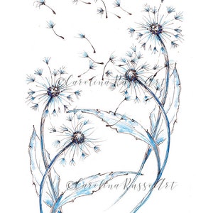 Dandelions Set of 3 Prints, Watercolor, Botanical Art, Blue Dandelions ...