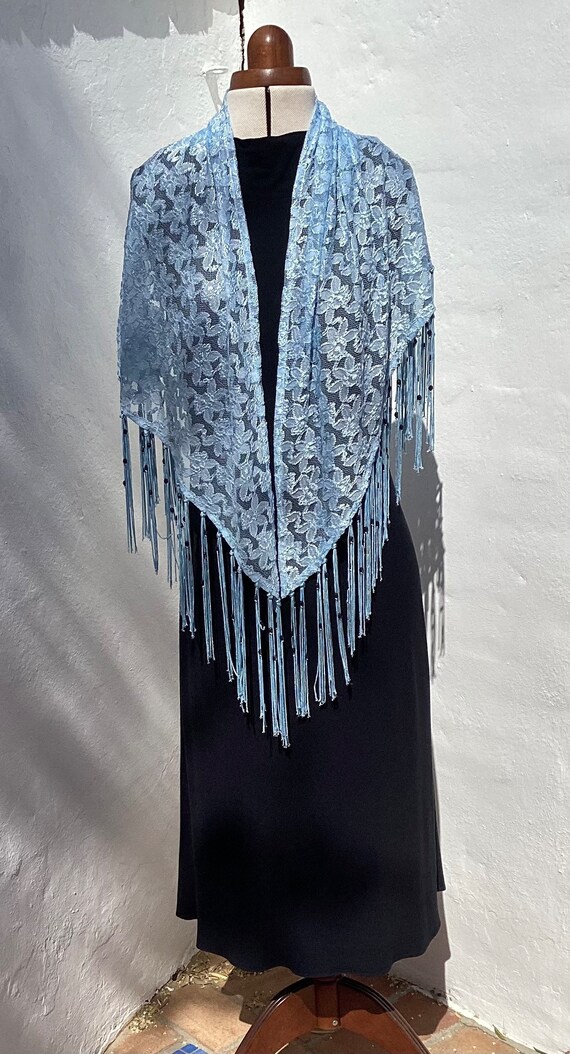 Pretty Sky Blue Lace Shawl with Overall Floral Patter… - Gem