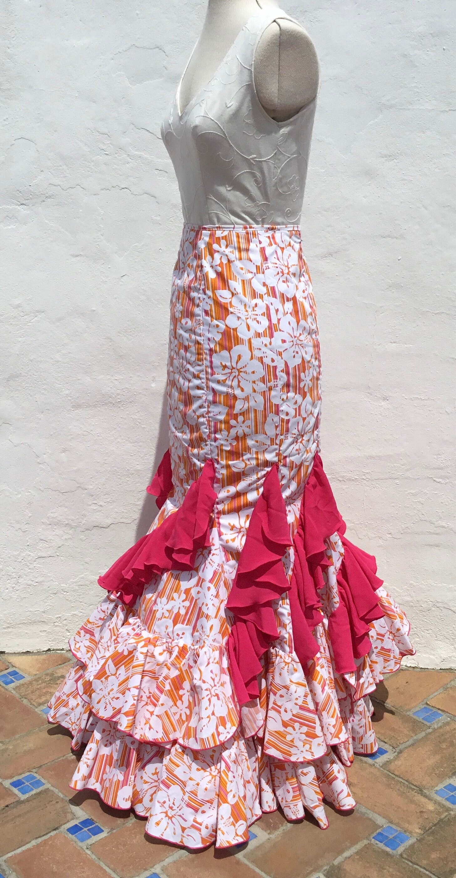 Spanish Flamenco Stylish Orange White Floral Skirt with Hot | Etsy