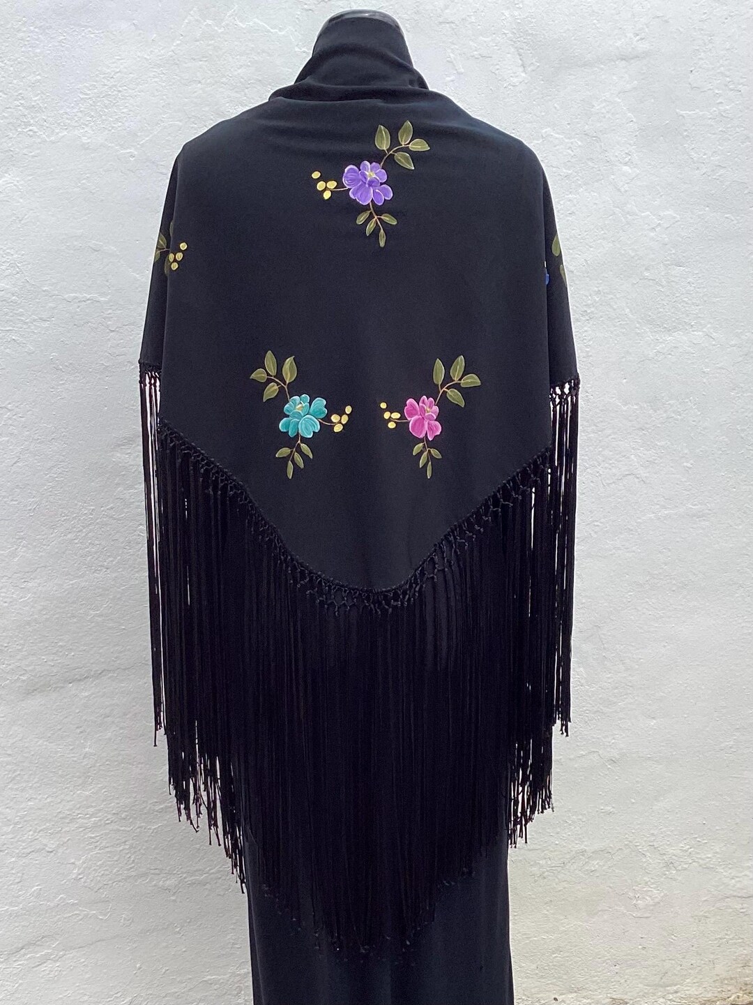Vintage Spanish Gypsy Shawl Handmade Black Manton Handpainted Floral ...