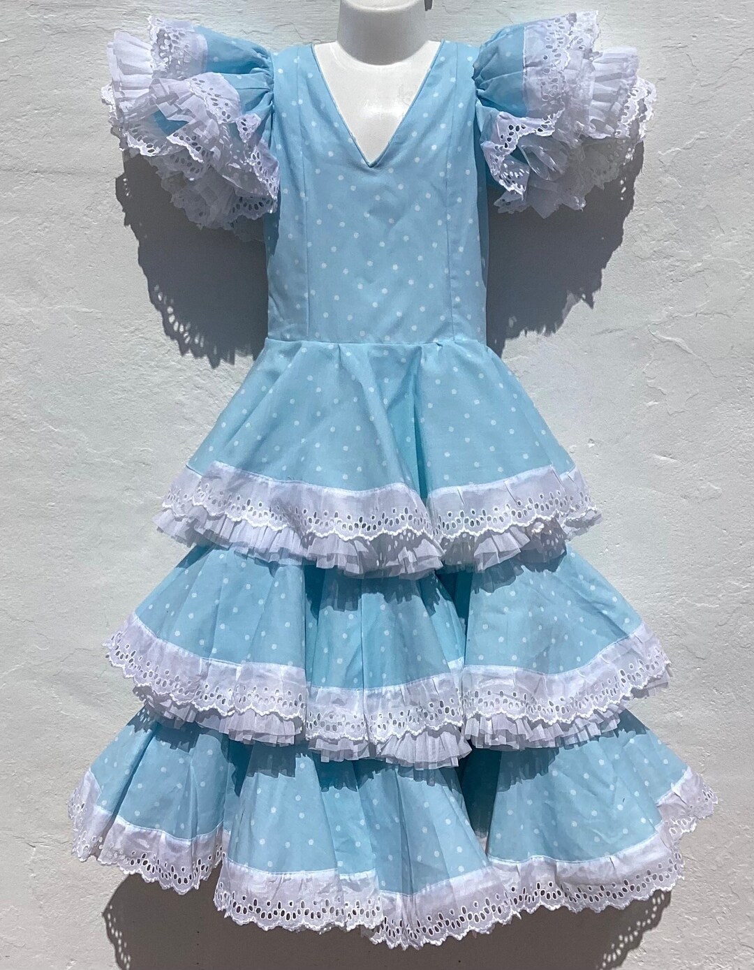Girls Vintage Spanish Flamenco Dress Pretty Powder Blue+white Polkadots ...