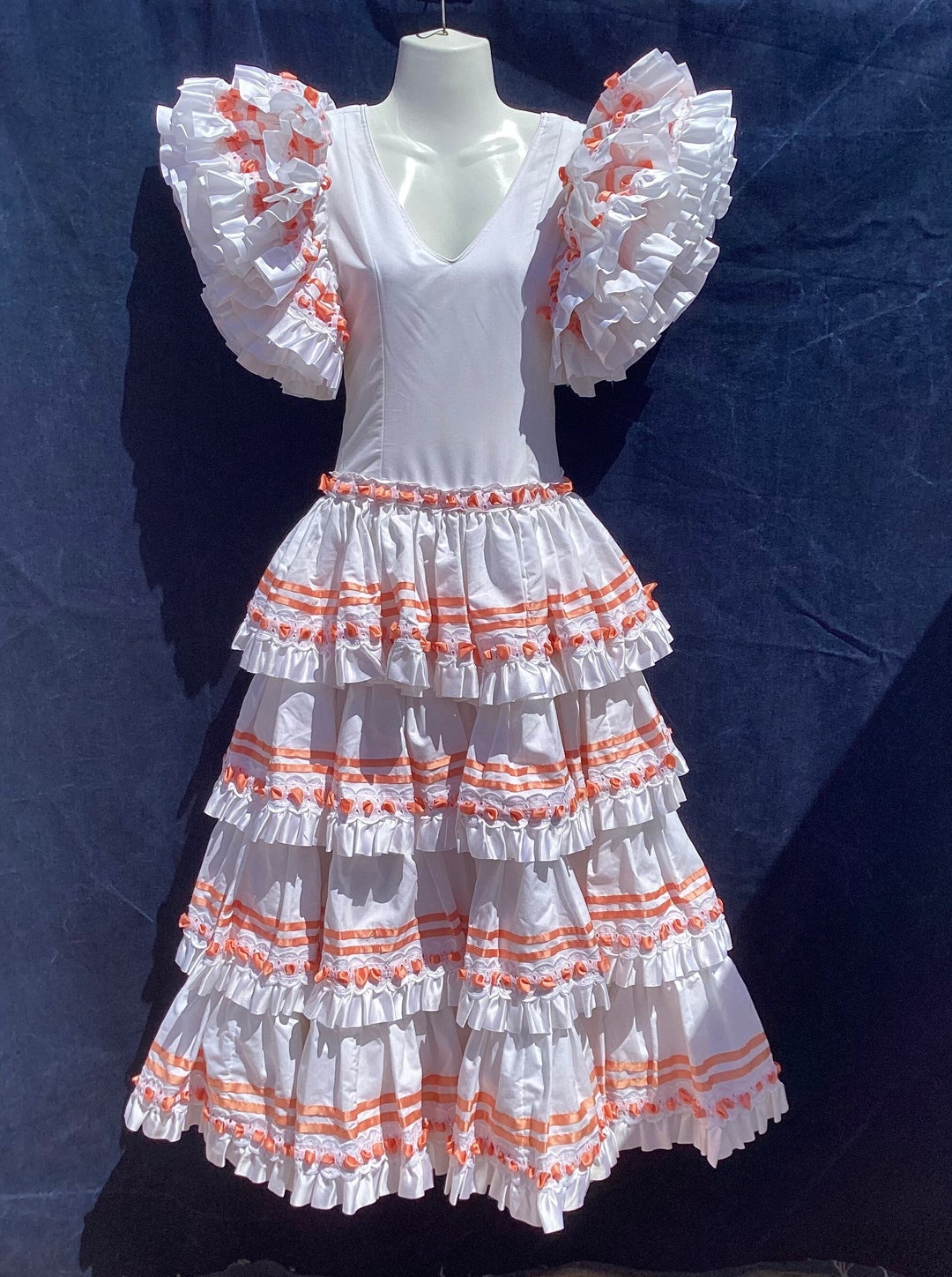 Vintage Spanish Flamenco Gypsy Dress White/pretty Coral+white Ribbons ...
