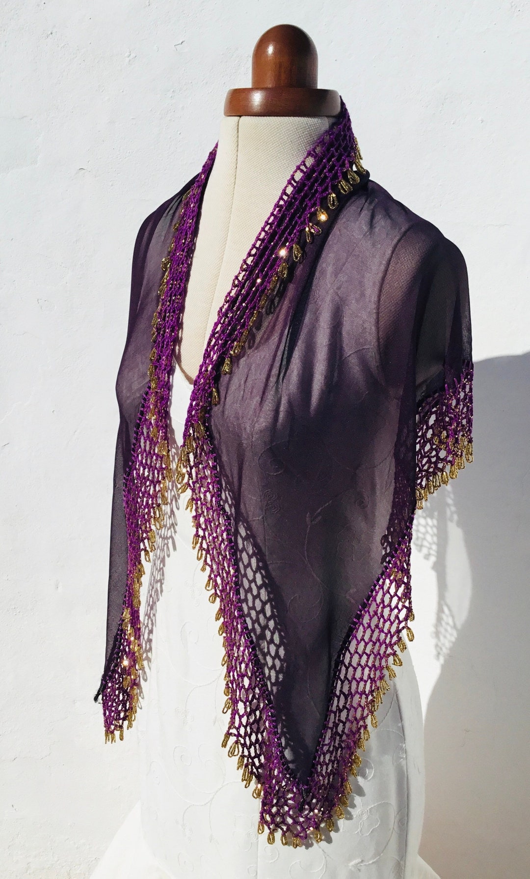 Vintage Beaded Spanish Shawl, Purple Tissue, Handmade Crochet Border - Etsy