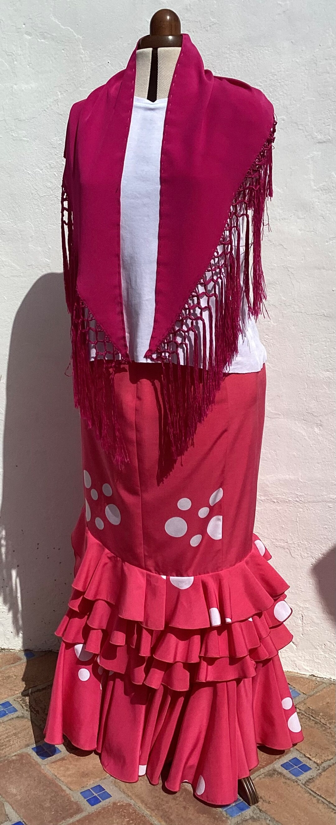 Spanish Flamenco Gypsy Skirt Hot Pink With Large White Polkadots Waist ...