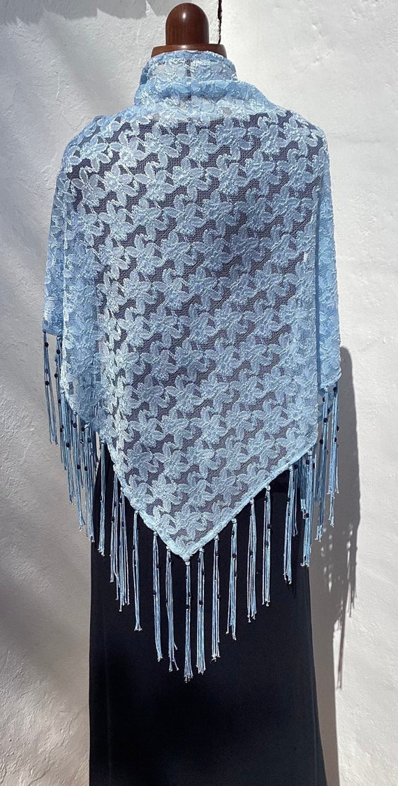 Pretty Sky Blue Lace Shawl with Overall Floral Patter… - Gem