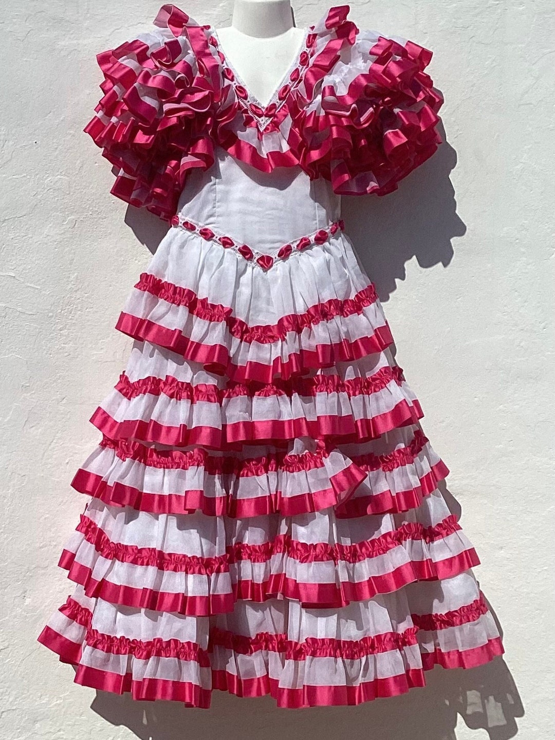 Girls Vntg Spanish Flamenco Dress Lovely White Organdie With Hot Pink ...