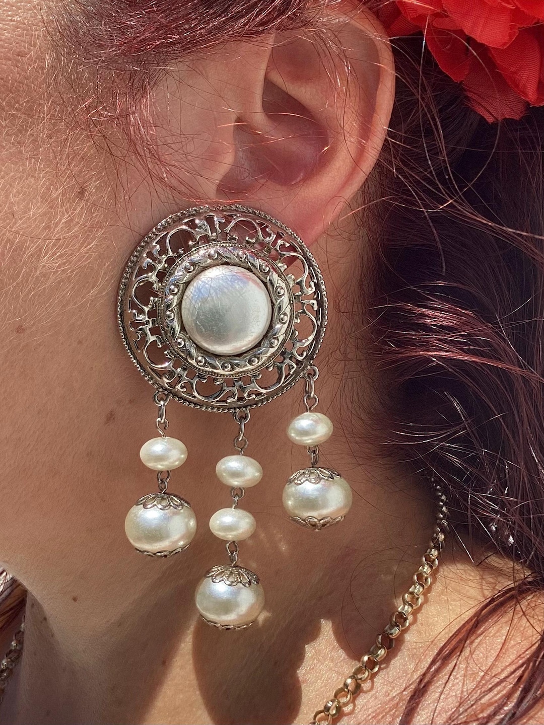 Spanish Oversized Clip on Dangle N Drop Flamenco Earrings Silver Tone ...
