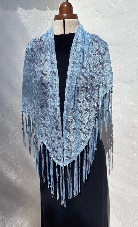 Pretty Sky Blue Lace Shawl with Overall Floral Patter… - Gem