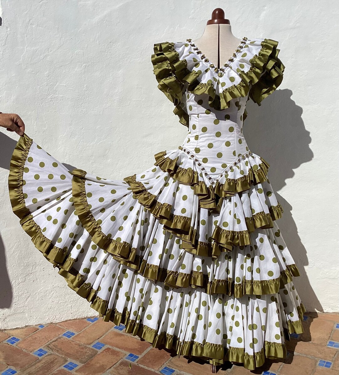 Vntg Spanish Flamenco Dress Lovely White Dress With Olive Green ...