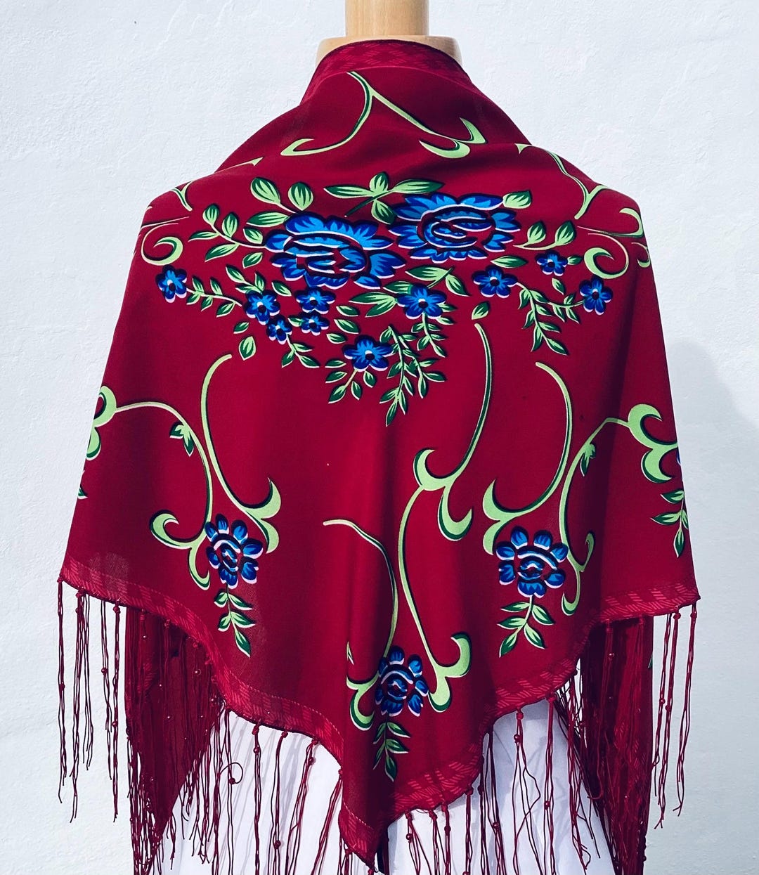 Vintage Spanish Red Shawl/manton With Printed Floral Design and Beaded ...