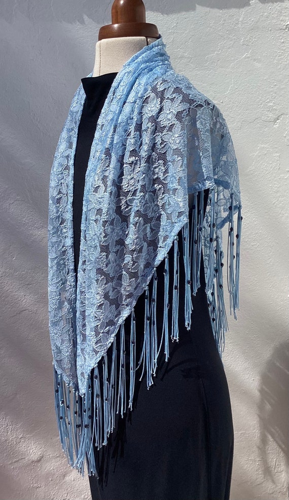 Pretty Sky Blue Lace Shawl with Overall Floral Patter… - Gem