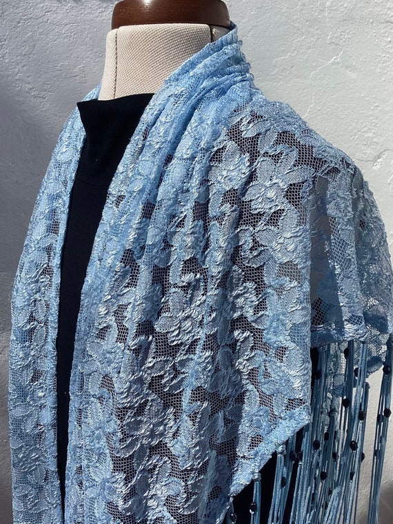 Pretty Sky Blue Lace Shawl with Overall Floral Patter… - Gem