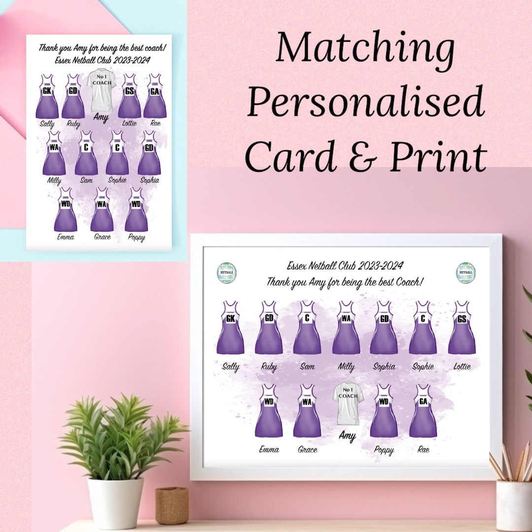 Personalised Matching Netball Team and No 1 Coach Card & Print best ...
