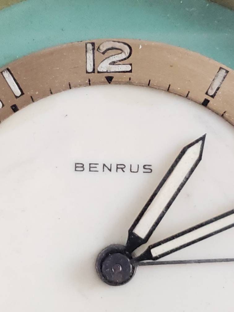Vintage Benrus Swiss Alarm Clock, Rare Sea Foam Green & Brass 8 Days ...
