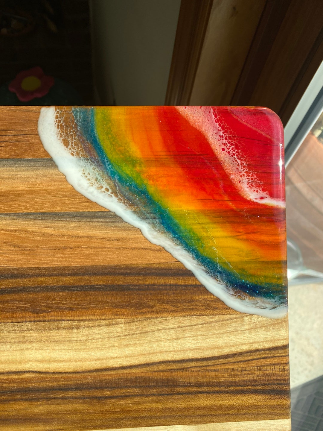 Pride Rainbow Teak Glitter Ocean Cutting Board Corner Resin Rainbow