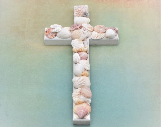 Seashell Cross Wall Décor - Natural Sea Shells on a Petite White Washed ...