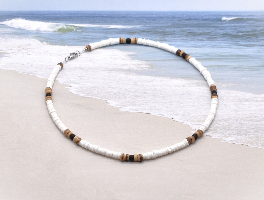 Surfer Necklace - Puka Shell, Black Sea Glass, and Coconut Wood ...