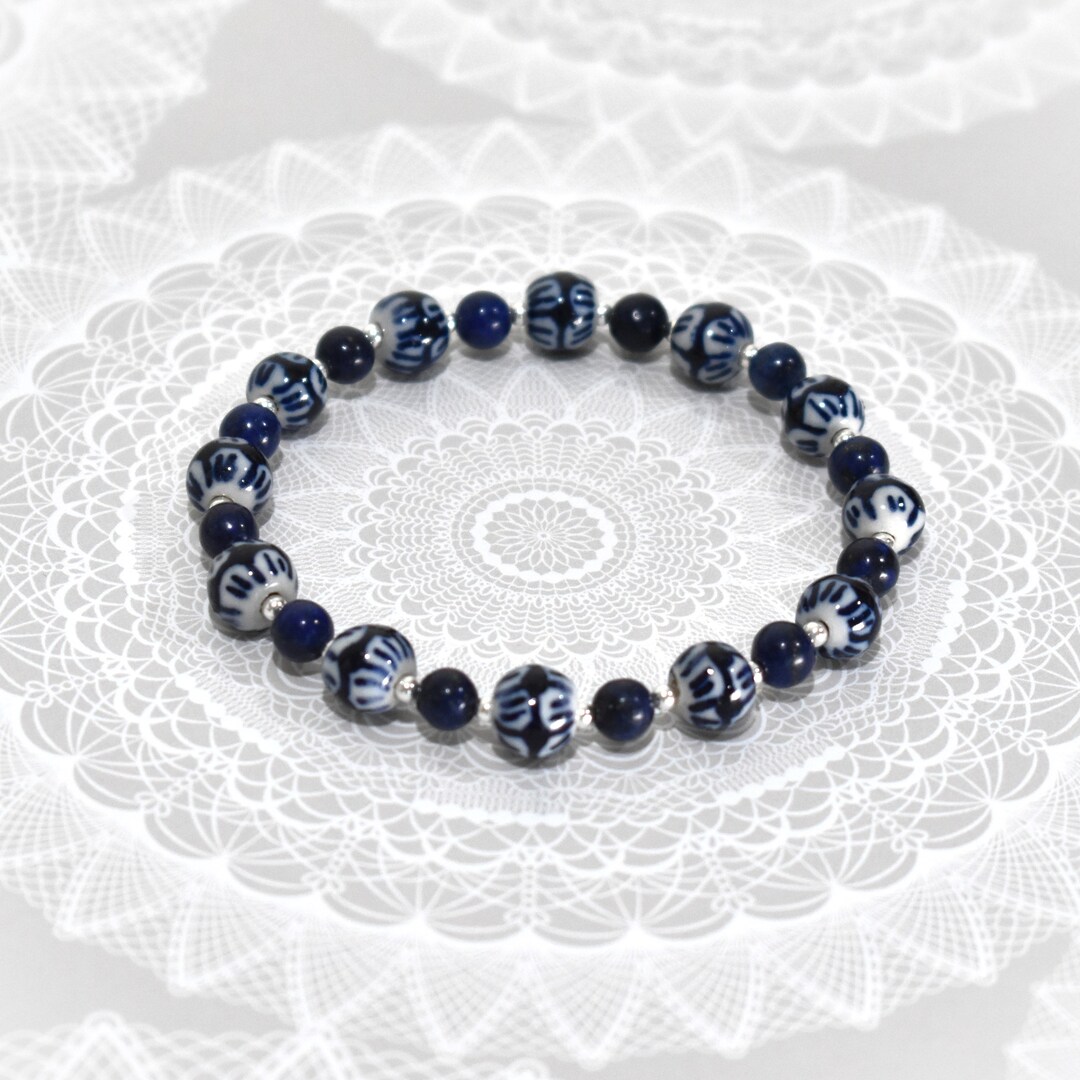 Delft Blue Bracelet With Lapis Lazuli and Sterling Silver Beads Stretch ...