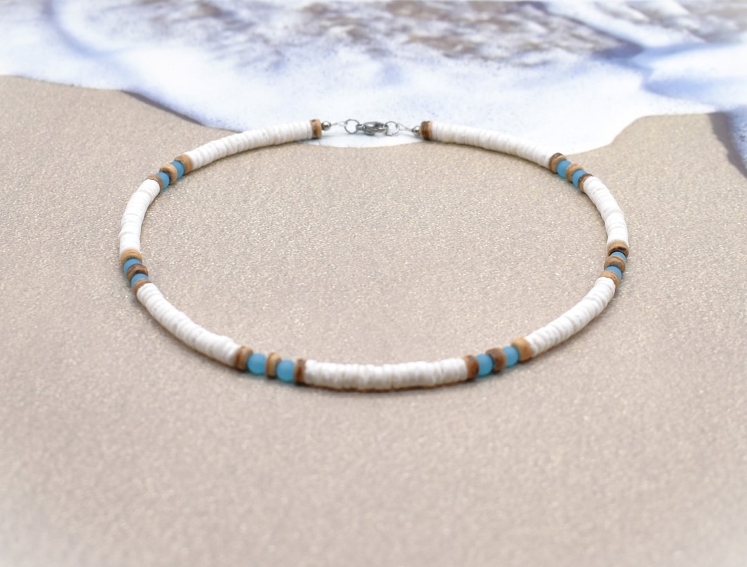 Puka Shell Surfer Necklace With Blue Sea Glass and Coconut Wood ...