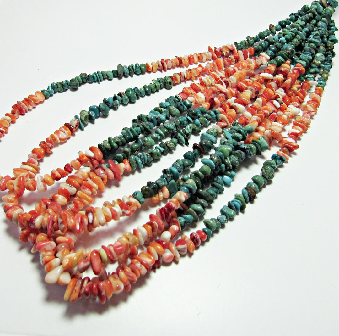 Natural Turquoise and Spiny Oyster Shell Chip Beads 16", Multi Color ...