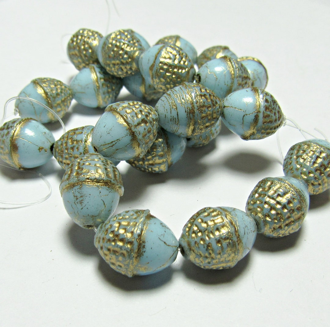 Czech Glass Acorn 10x12mm Beads Sky Blue & Gold 8 Pcs - Etsy