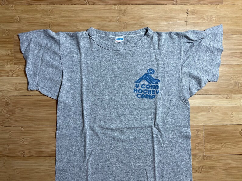 Vintage 70s Uconn Hockey Camp Tee 1970s Champion Blue Bar Tshirt Rayon ...