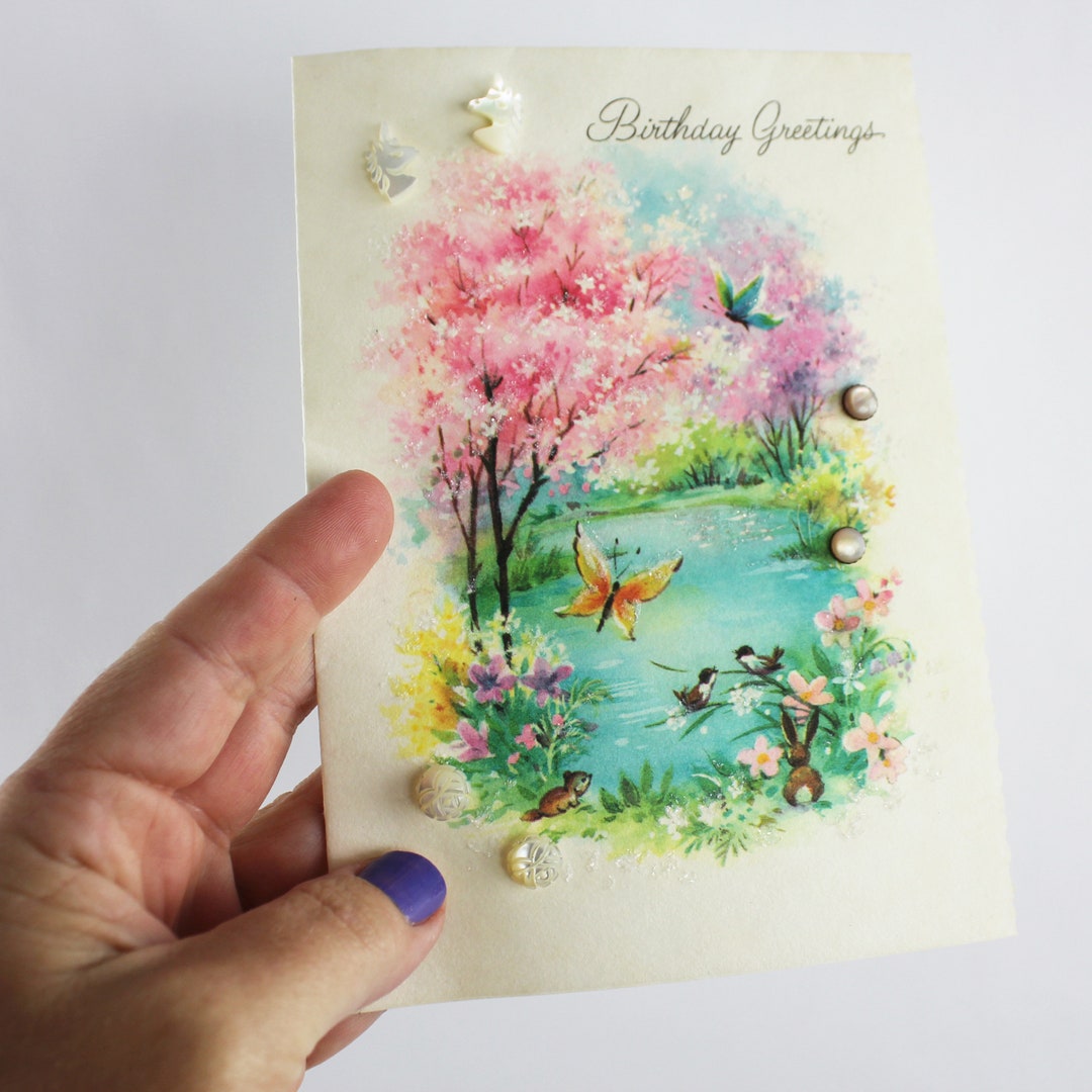 Vintage Spring Birthday Greeting Card With Vintage Unicorn Earrings and ...