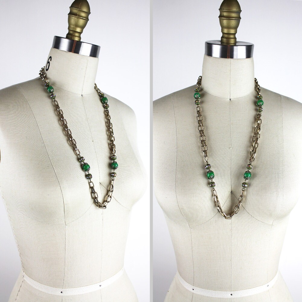 Vintage Green Beaded Rhinestone & Gold Chain Long Necklace - Etsy