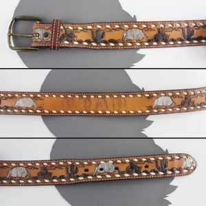 Brown Personalized "brad" Armadillo and Cactus Tooled Leather Vintage Belt Size 36 US - Etsy