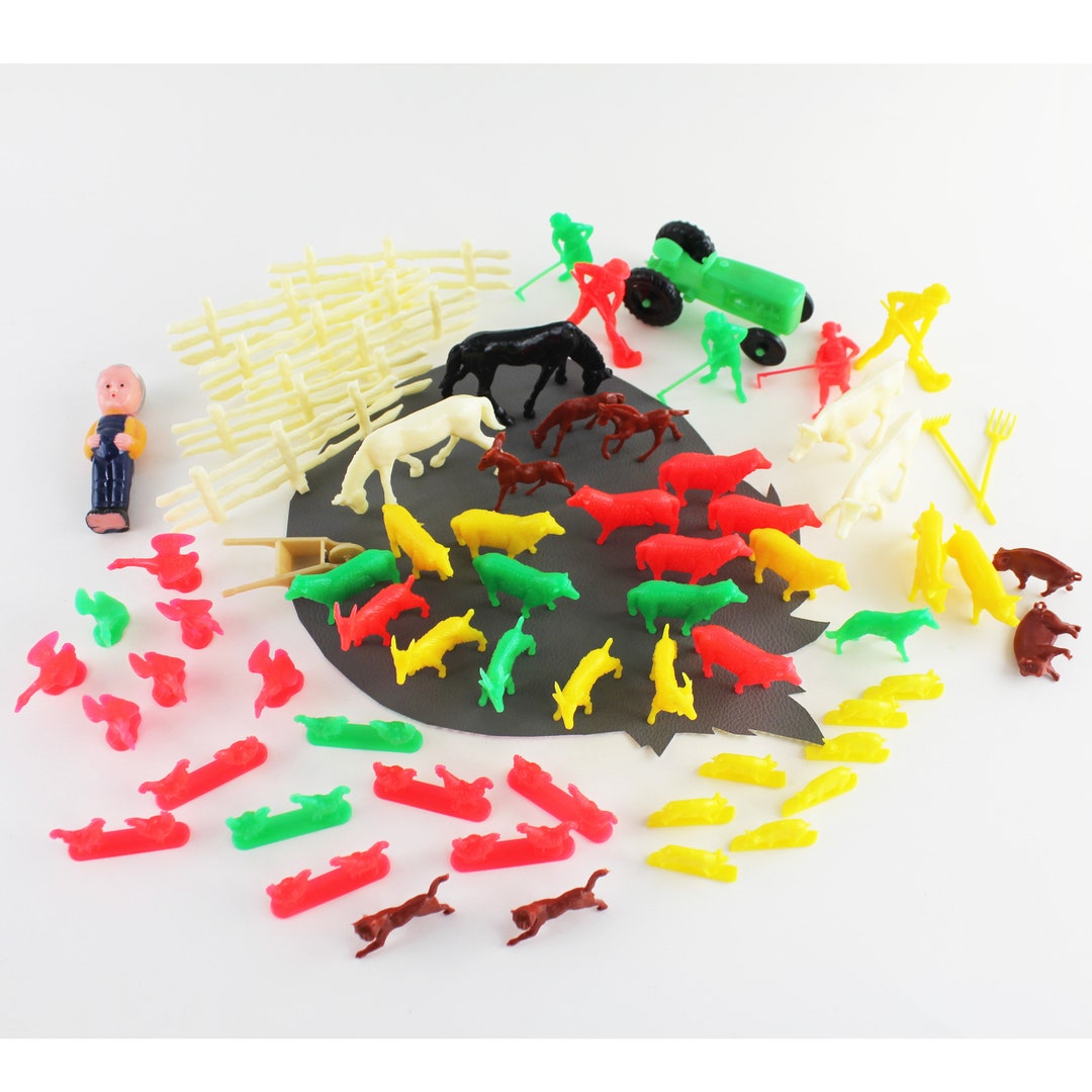 Farm Animals Tractor and Farmer Bright Yellow Red & Green Vintage ...
