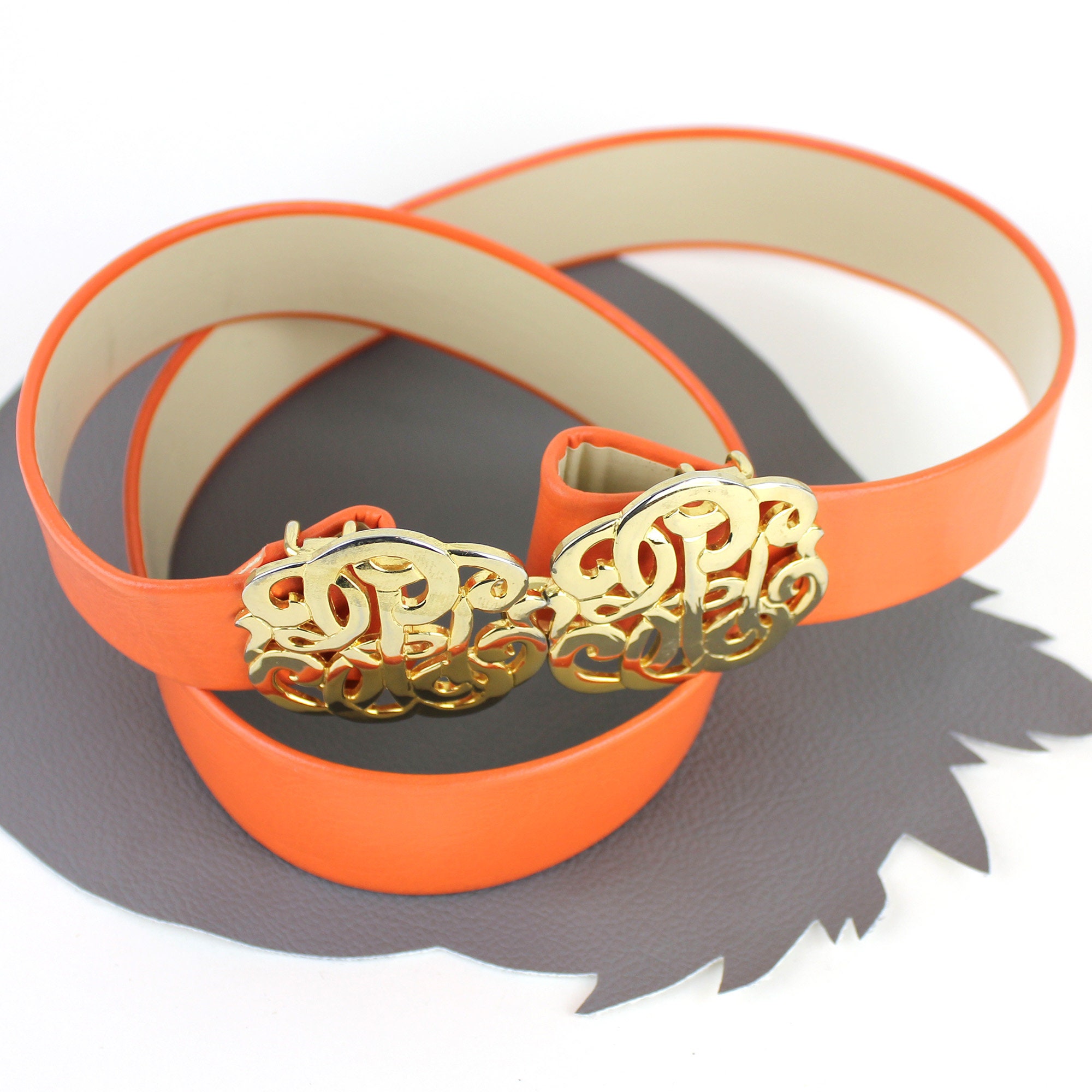Sherbert Orange Vinyl Belt With Gold Scroll Buckle- Adjustable up to 35 ...