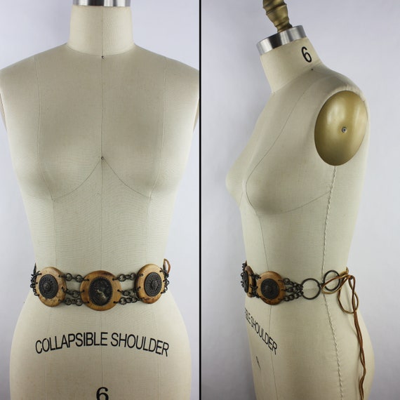 Wood & Brass Cameo Chain Belt / Victorian Inspired Me… - Gem