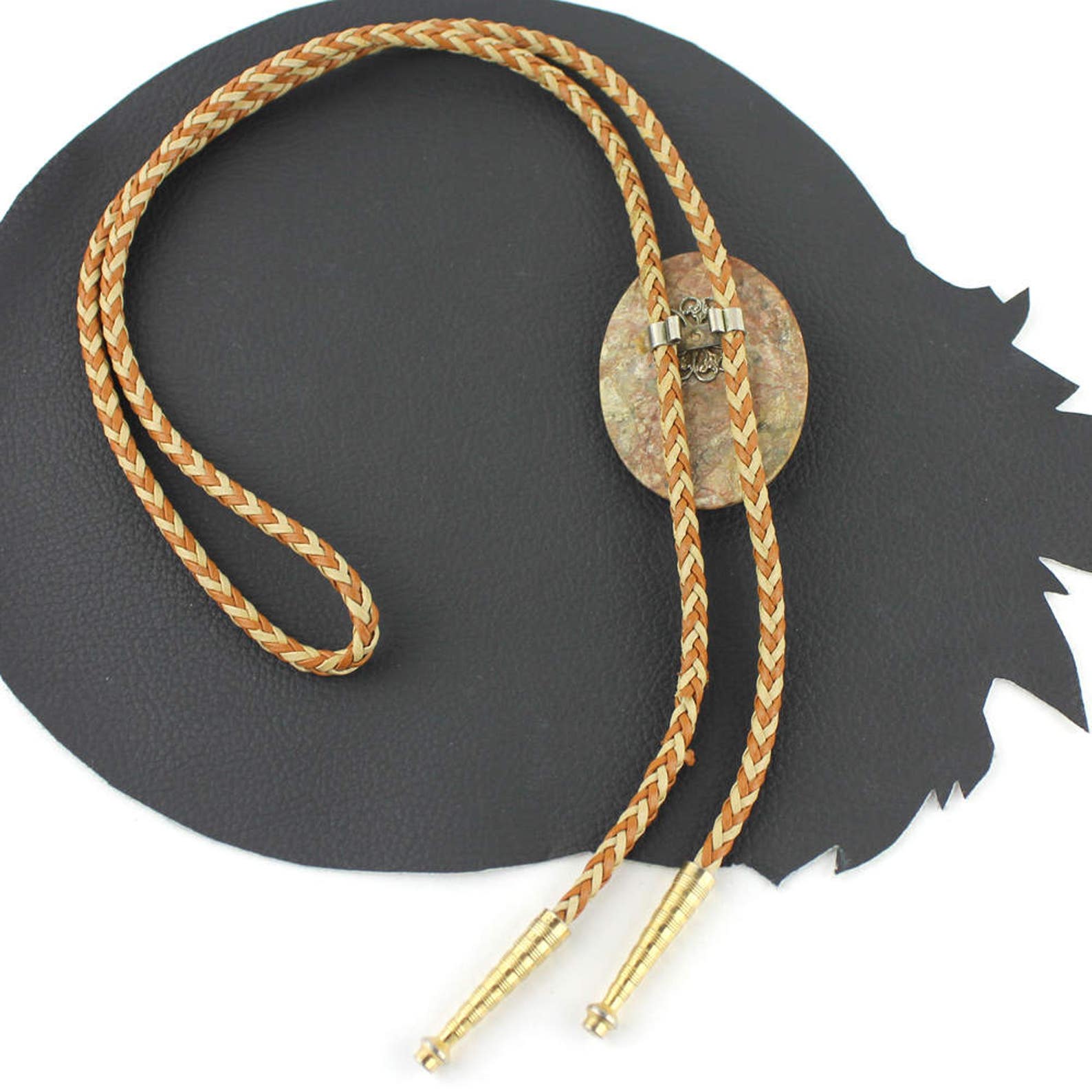 Light Brown & Beige Stone Bolo Tie With Brown and Beige Braided Leather ...